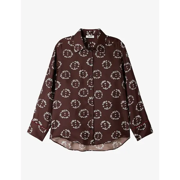 Sandro Floral-print Long-sleeve Silk Shirt - Brown