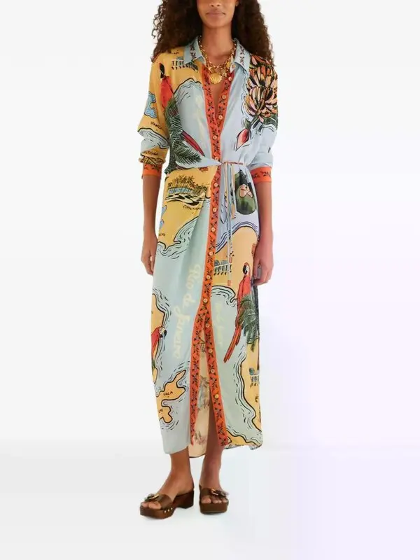 Farm Rio Multicolor Beaches Path Collared Buttoned Maxi Dress