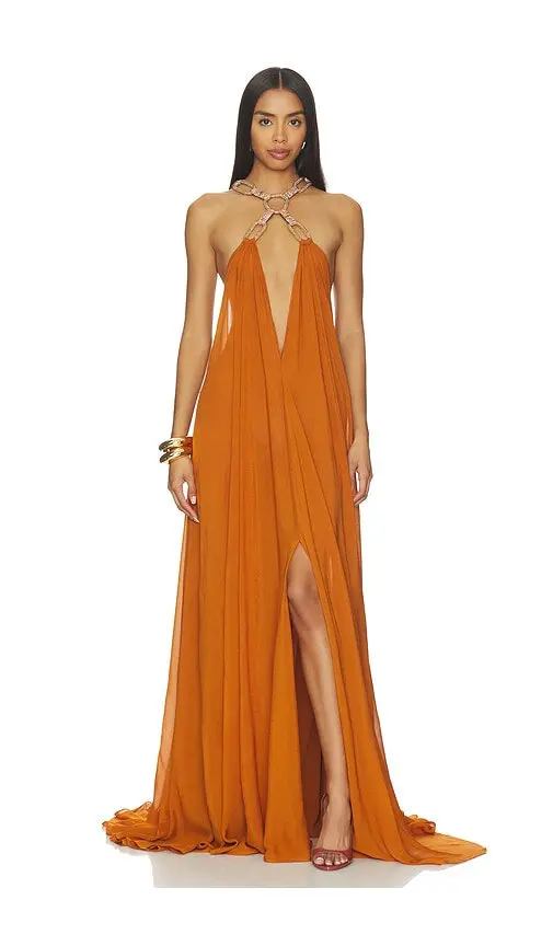 BRONX BANCO Zuri Halterneck Cutout Dress In . Also - Orange