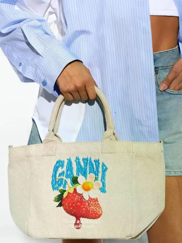 GANNI Strawberry-print Logo-embroidered Tote Bag - Neutrals