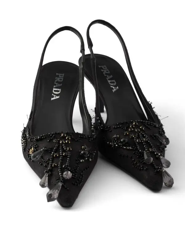 Prada Embroidered Satin Slingback Pumps