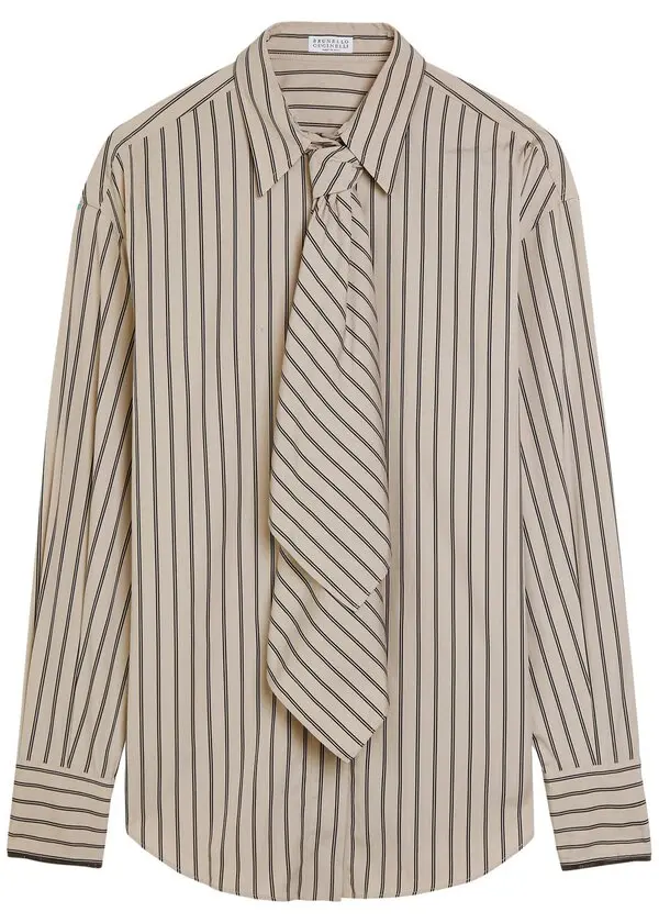 Brunello Cucinelli Striped Cotton-poplin Shirt With Detachable Tie - Beige