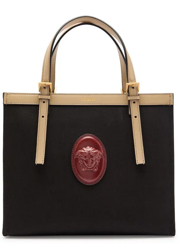 Versace Medium Logo-appliquéd Leather And Canvas Tote - Black