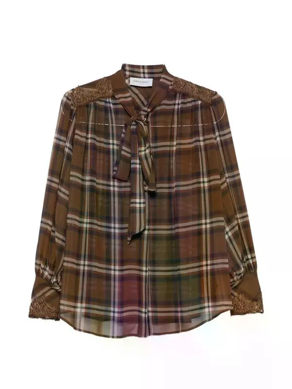 ERMANNO FIRENZE Check-pattern Pussy-bow Shirt - Brown