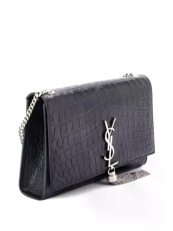 Saint Laurent Monogram Tassel Crocodile Embossed Leather Medium Crossbody Bag