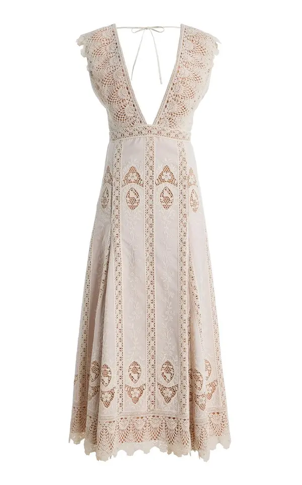 Johanna Ortiz Crochet Plunge Neckline Maxi Dress - Ivory