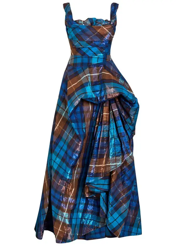 VIVIENNE WESTWOOD Long Chichi Tartan Gathered Woven Gown - Blue