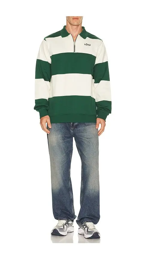 LEND Block Stripe Zip Rugby Shirt - Green