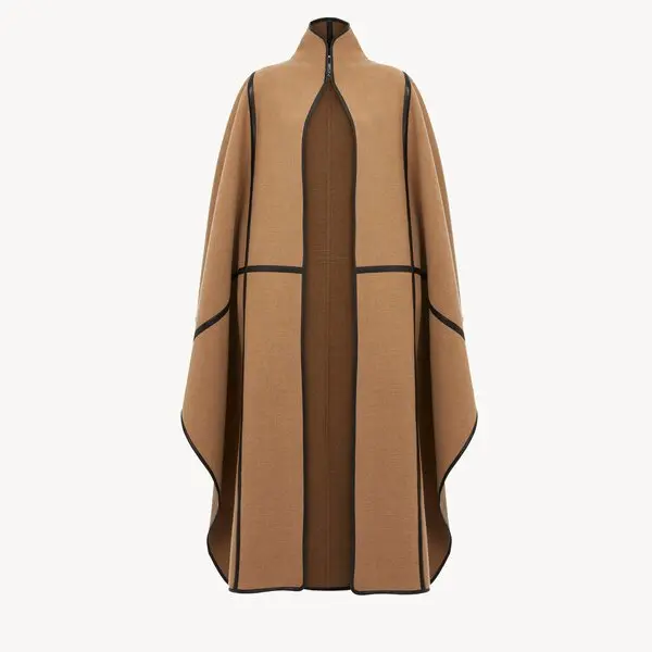 Chloé Oversized Long Wool Cape Coat With Lambskin Trim