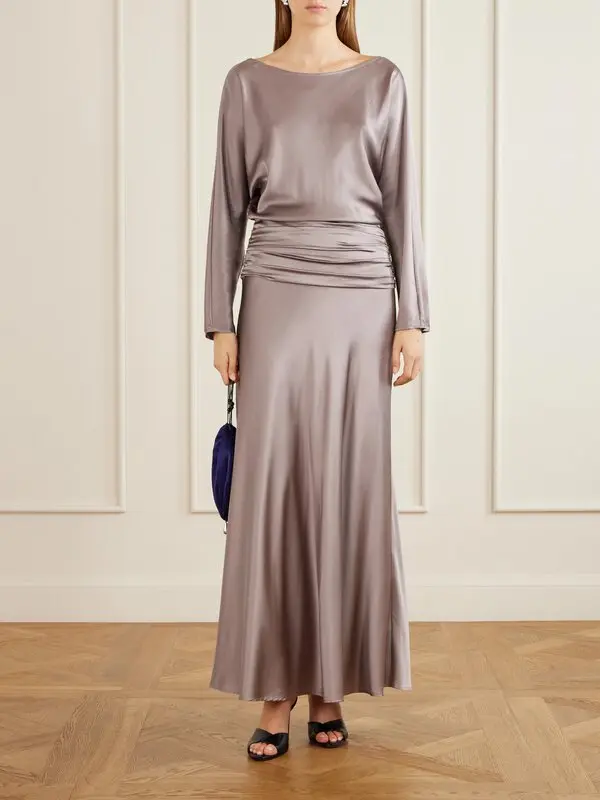Staud Freda Gathered Silk-blend Satin Maxi Dress - Silver