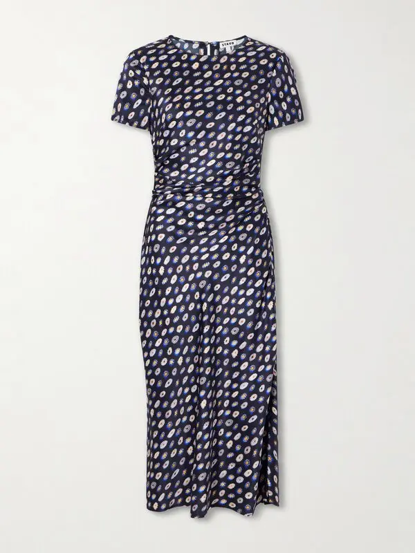 Staud Marcel Printed Ruched Silk-blend Satin Midi Dress