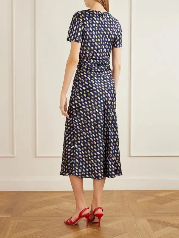 Staud Marcel Printed Ruched Silk-blend Satin Midi Dress
