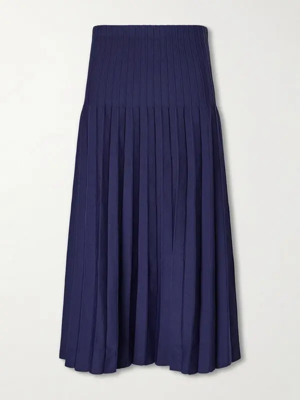 Staud Lena Pleated Knitted Midi Skirt - Blue