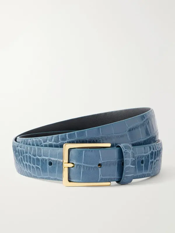 Anderson's Narrow Croc-effect Leather Belt - Blue