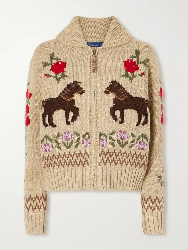 Polo Ralph Lauren Embroidered Cotton And Wool-blend Cardigan - Brown