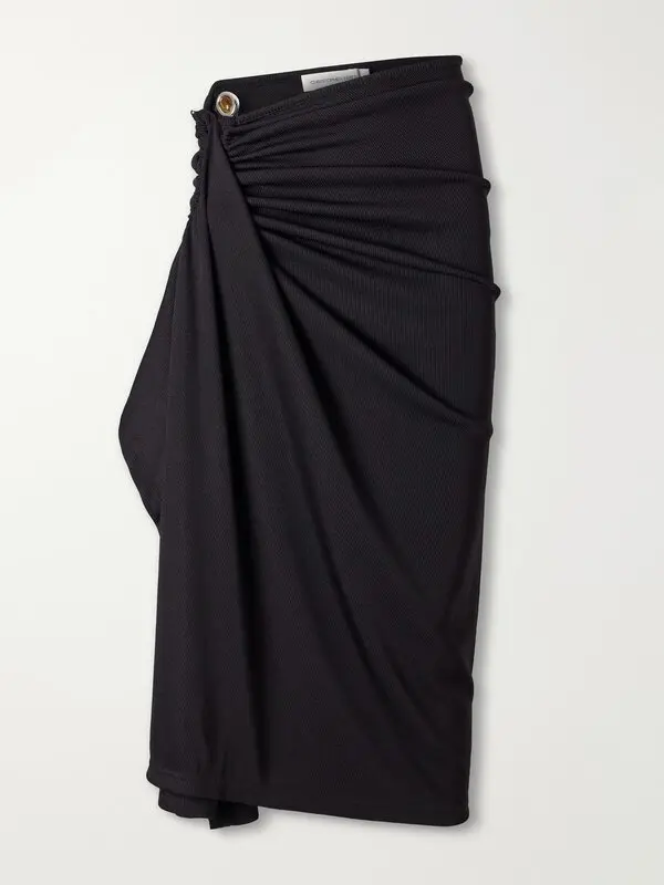 Christopher Esber Droplet Crystal Clasp Cascade Embellished Ribbed Midi Skirt - Black