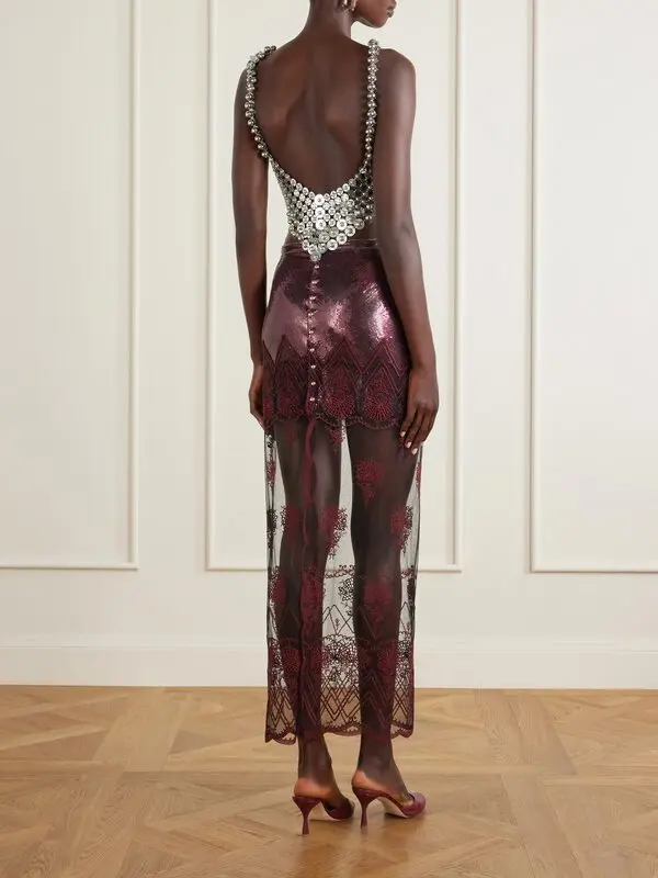 Rabanne Layered Embroidered Mesh-trimmed Chainmail Maxi Skirt