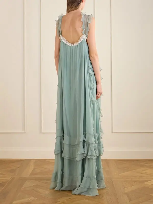Chloé Ruffled Lace-trimmed Silk Crepon Gown - Green