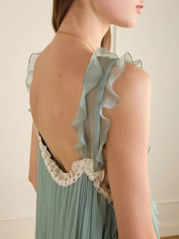 Chloé Ruffled Lace-trimmed Silk Crepon Gown - Green