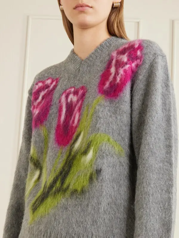 MAISON MARGIELA Floral Intarsia Knit Brushed Wool-blend Sweater - Gray