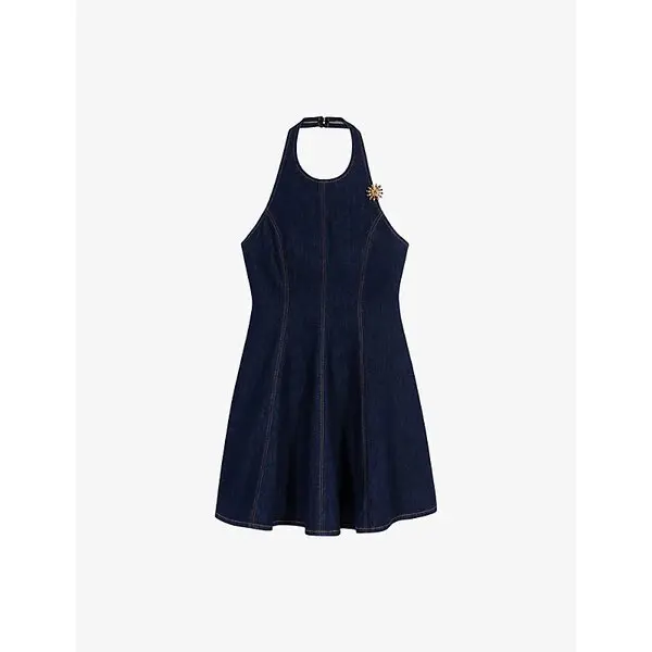 Maje Halterneck Flower-brooch Denim Mini Dress - Navy