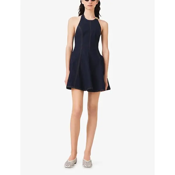 Maje Halterneck Flower-brooch Denim Mini Dress