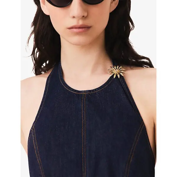 Maje Halterneck Flower-brooch Denim Mini Dress