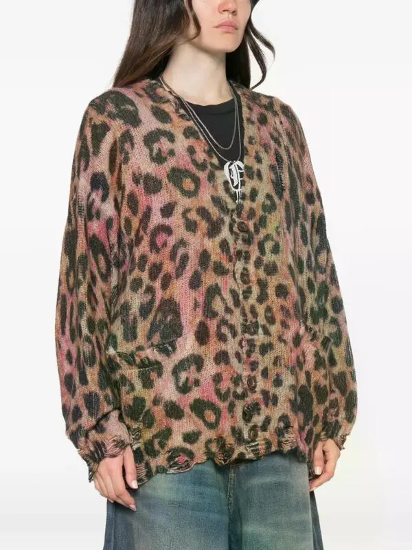 R13 Leopard Print Distressed V-neck Cardigan
