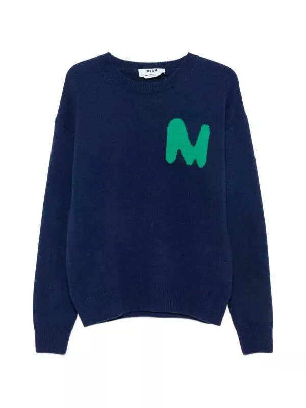 MSGM Navy Intarsia-knit Logo Embroidered Sweater