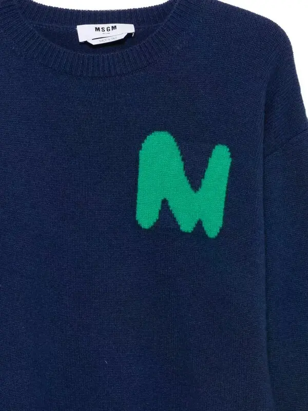 MSGM Navy Intarsia-knit Logo Embroidered Sweater