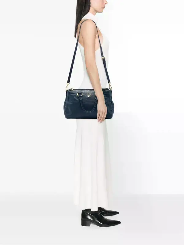Prada Soft Calf Double Zip Convertible Tote Satchel - Blue