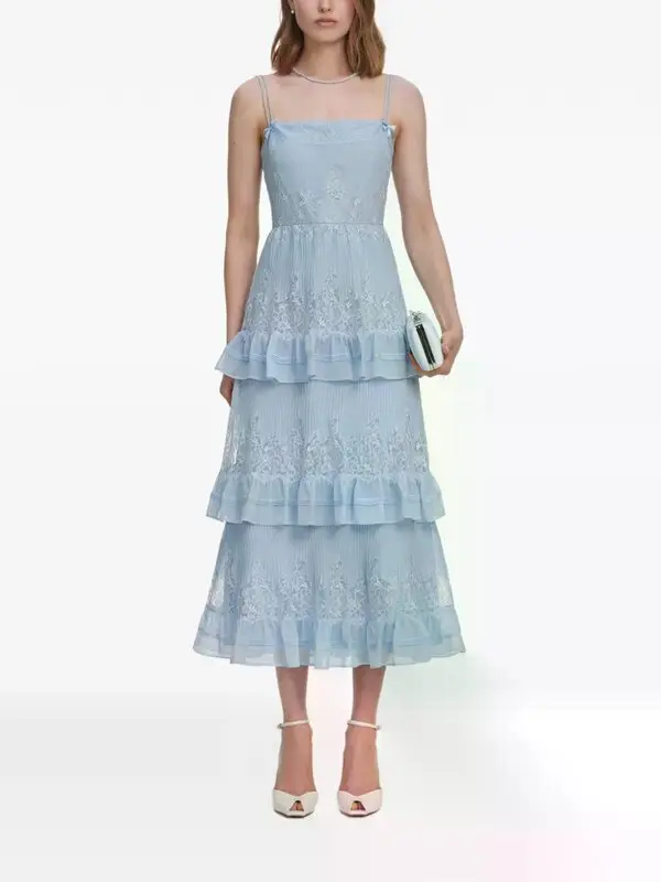 SELF-PORTRAIT Tiered Lace-trimmed Midi Dress - Blue