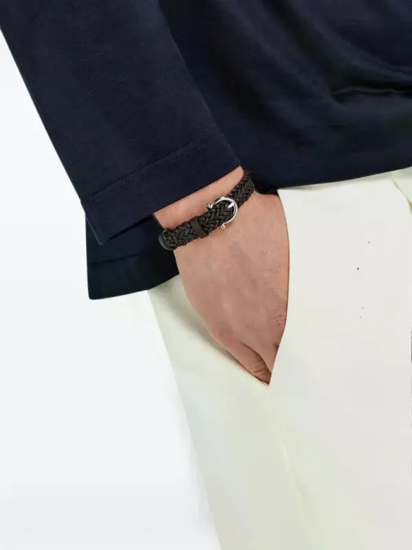 FERRAGAMO Braided Leather Gancini Clasp Bracelet