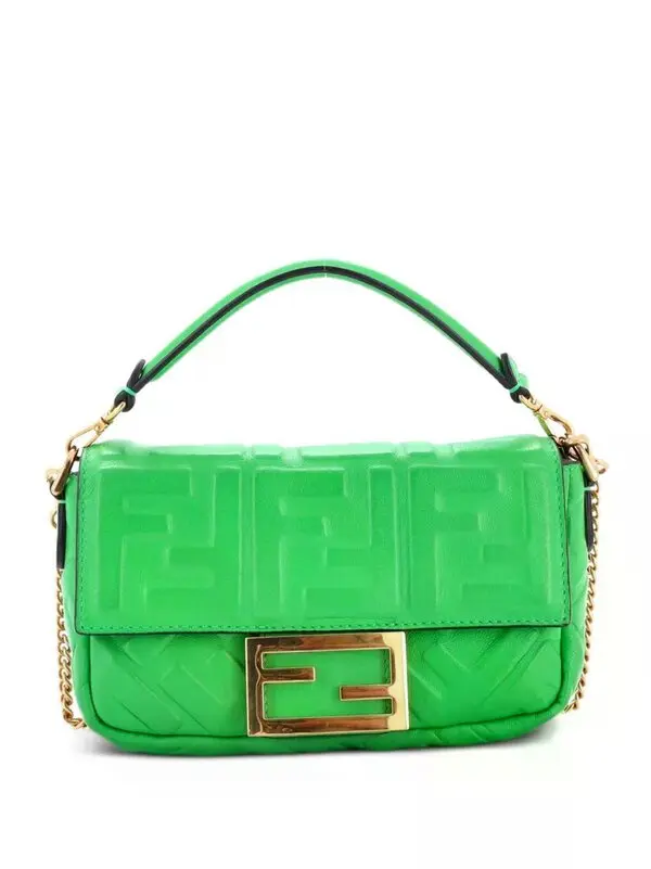 Fendi Baguette Nm Bag Zucca Embossed Leather Mini Crossbody Bag - Green