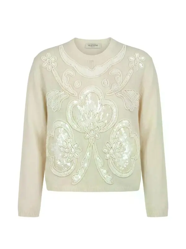 Valentino Garavani Sequin-embellished Floral-patch Sweater - Neutrals