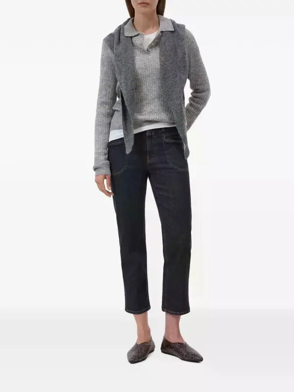 Closed Ribbed-knit Long-sleeve Polo Shirt - Grey