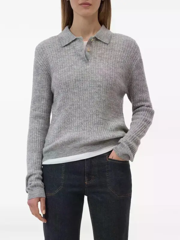 Closed Ribbed-knit Long-sleeve Polo Shirt