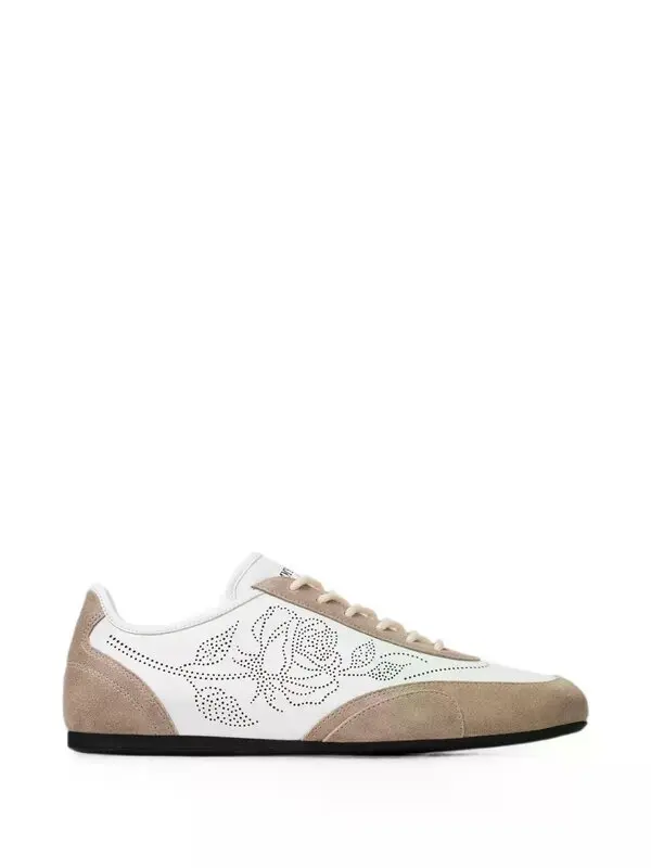 JIMMY CHOO And Beige Perforated Rose Motif Suede Panel Lace Up Sneakers - White