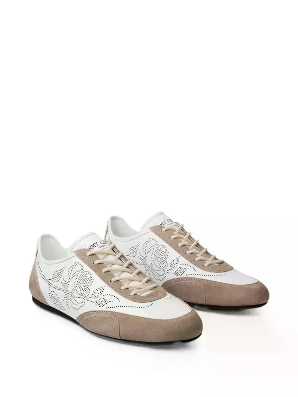 JIMMY CHOO And Beige Perforated Rose Motif Suede Panel Lace Up Sneakers - White
