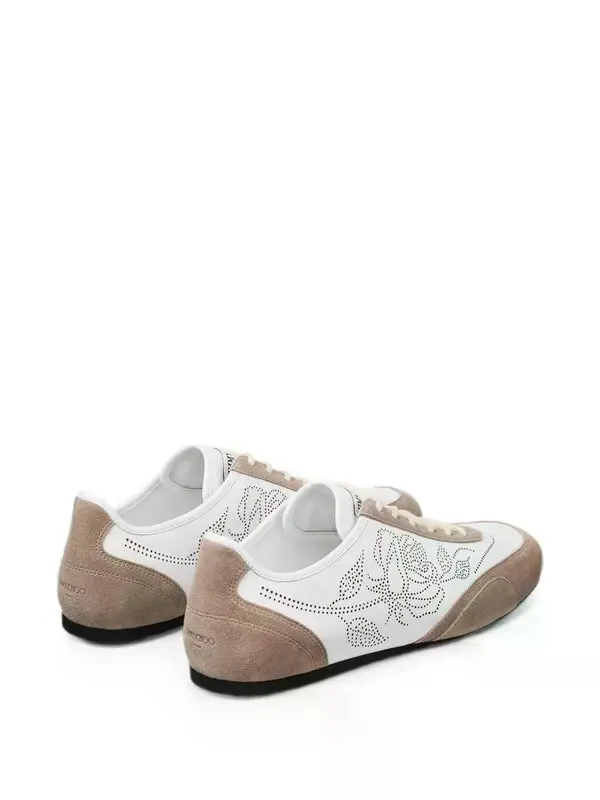 JIMMY CHOO And Beige Perforated Rose Motif Suede Panel Lace Up Sneakers - White