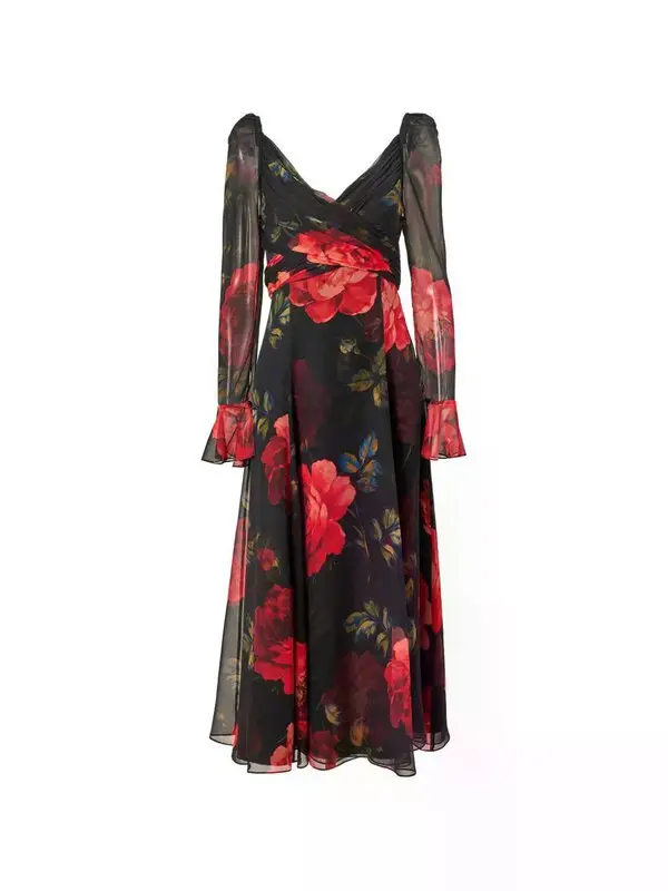 Carolina Herrera Rose-print Silk Midi Dress - Black