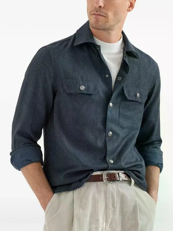 Brunello Cucinelli Virgin-wool Flannel Overshirt With Spread-collar And Chest-pockets - Blue