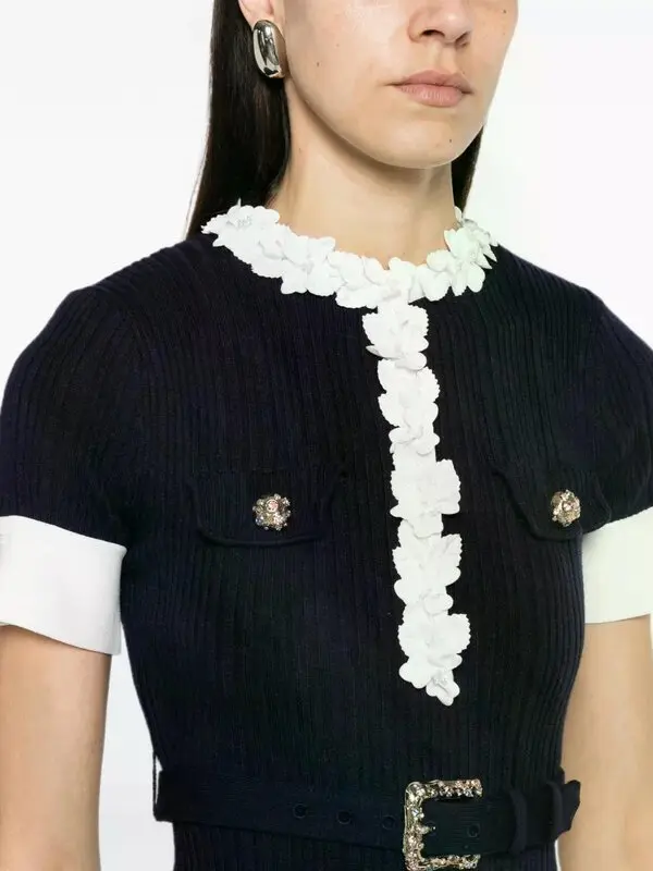 SELF-PORTRAIT Ribbed Knit Midi Dress With Floral Embellishments