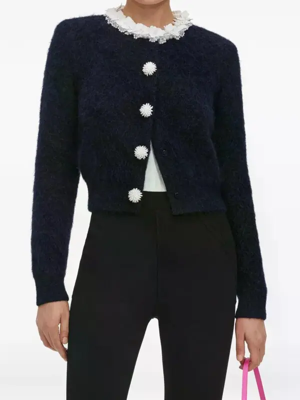 SELF-PORTRAIT Navy Flower Pearl-trim Knit Jumper - Blue