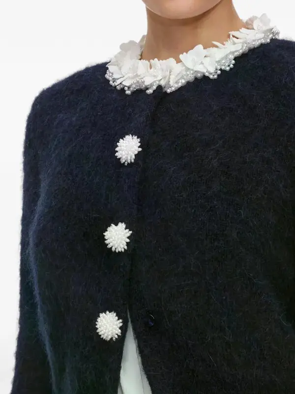SELF-PORTRAIT Navy Flower Pearl-trim Knit Jumper