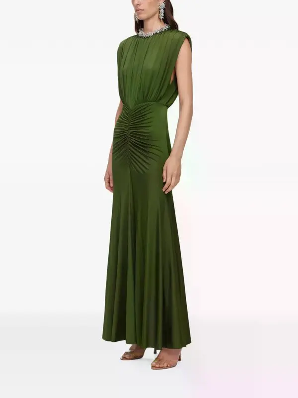 SELF-PORTRAIT Olive Jersey Gathered Maxi Dress - Green