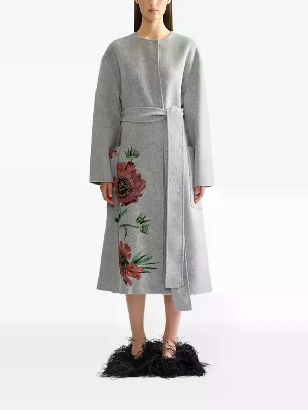 Erdem Belted Floral Print Wool Coat