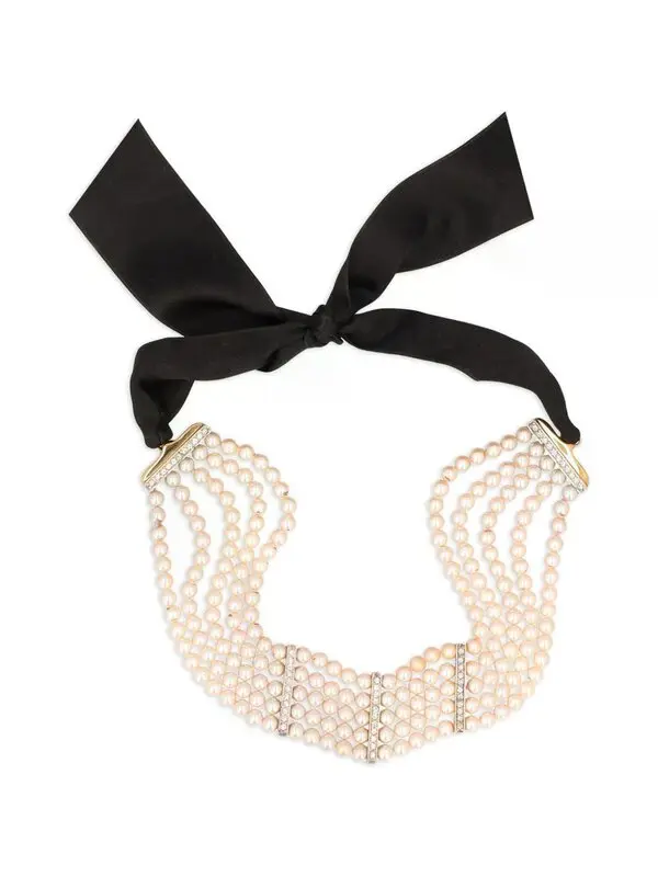 Vintage Multi-strand Pearl And Crystal Choker Necklace With Bow Fastening - Neutrals