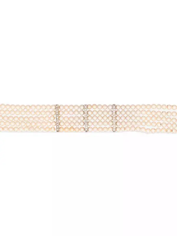 Vintage Multi-strand Pearl And Crystal Choker Necklace With Bow Fastening