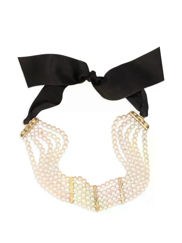 Vintage Multi-strand Pearl And Crystal Choker Necklace With Bow Fastening